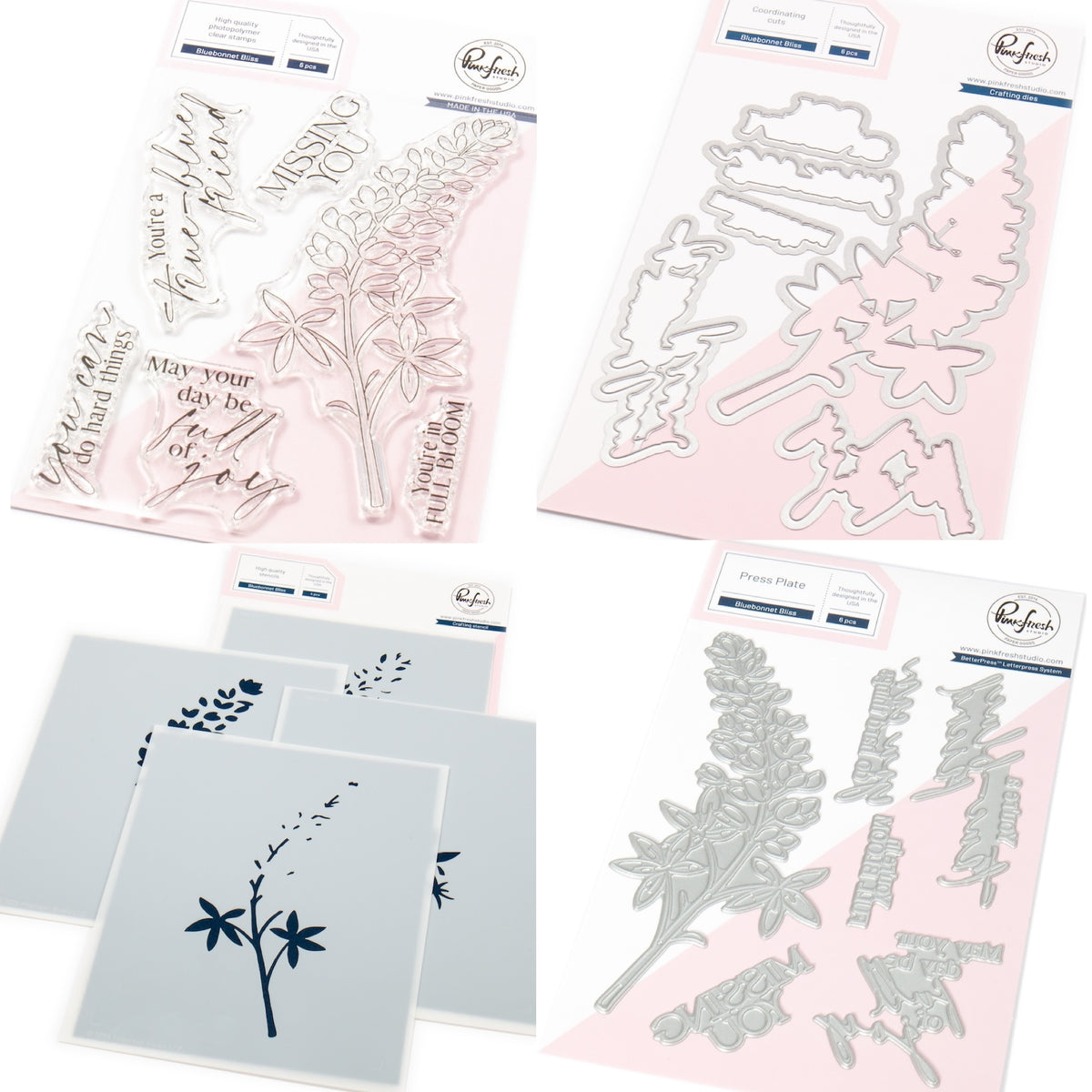 Pinkfresh Studio Bluebonnet Bliss Stamps Dies Stencils And Press Plate ...