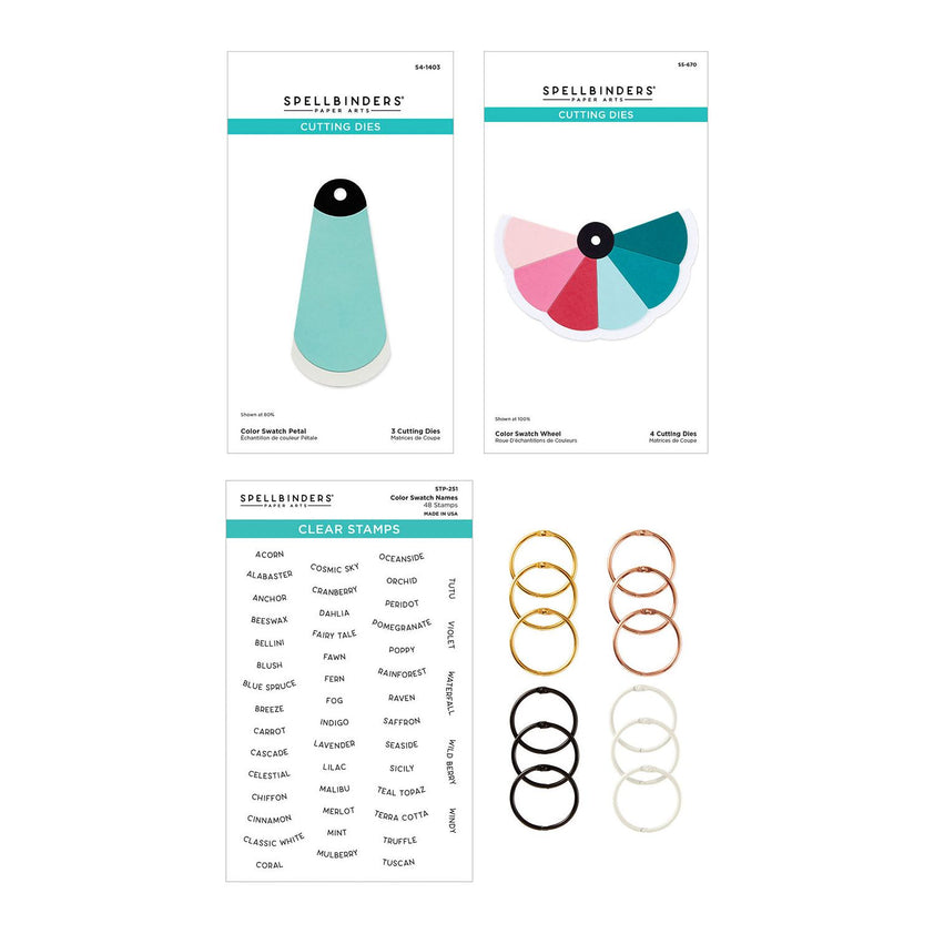 Spellbinders Color Swatch Petal, Wheel, Names, Stamp, Die and Ring Bun ...