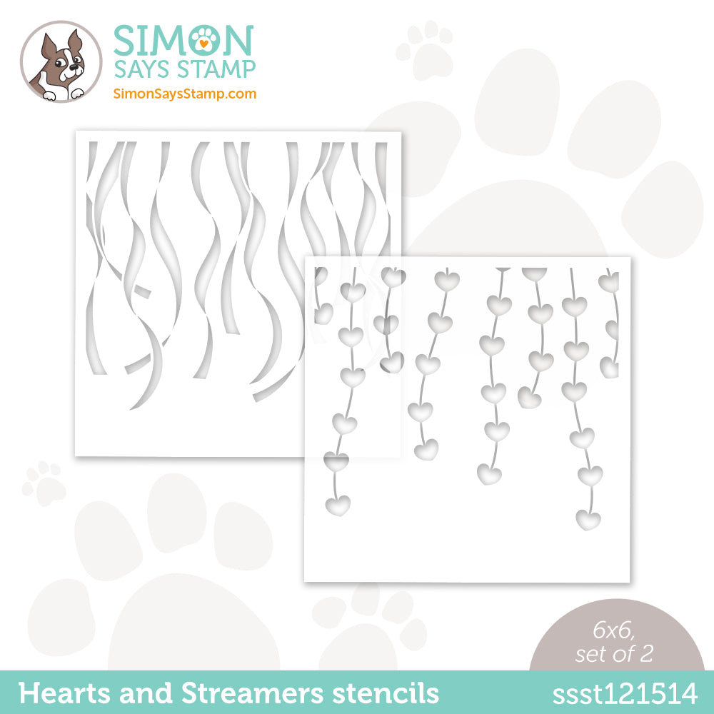 Simon Says Stamp Set of 2 Stencils HEARTS AND STREAMERS LAYERING ssst1